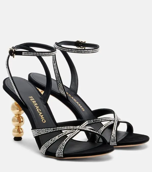 FERRAGAMO 90 Crystal-embellished Suede Sandals - Black
