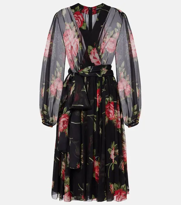 Dolce & Gabbana Floral Silk Midi Dress - Black