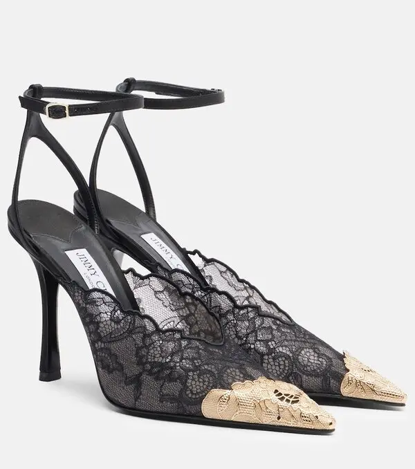 JIMMY CHOO Faiz 100 Leather-trimmed Lace Pumps - Black