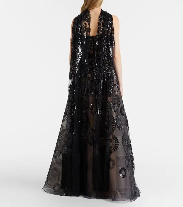 Elie Saab Scarf-detail Sequined Tulle Gown - Black