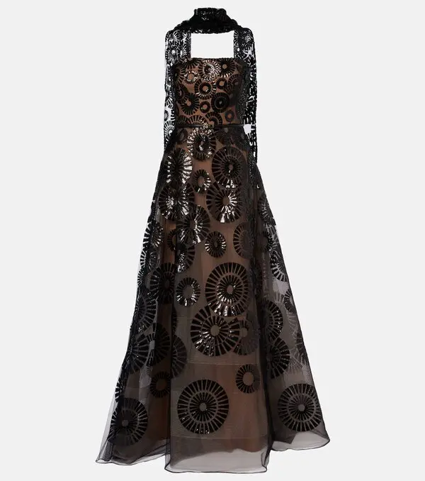 Elie Saab Scarf-detail Sequined Tulle Gown - Black