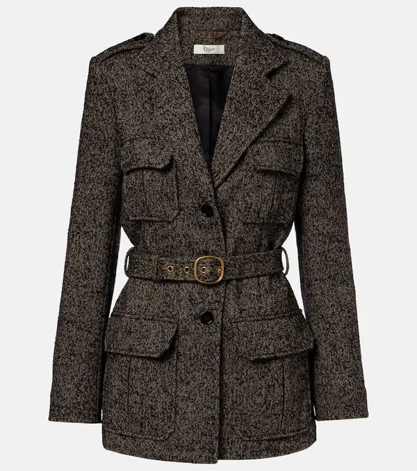 Chloé Belted Herringbone Wool-blend Coat