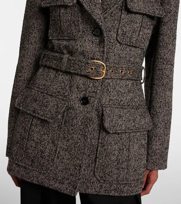 Chloé Belted Herringbone Wool-blend Coat