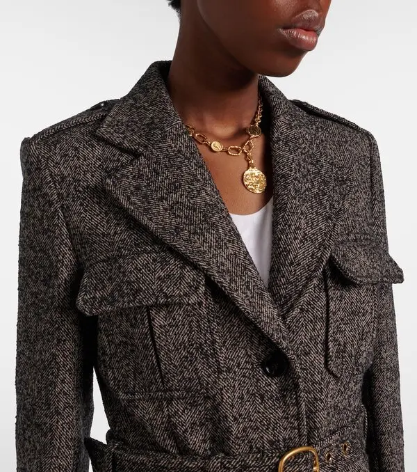 Chloé Belted Herringbone Wool-blend Coat