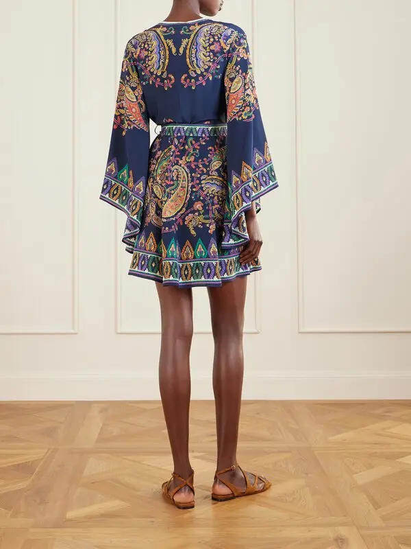 Etro Belted Paisley-print Silk-twill Mini Dress - Blue