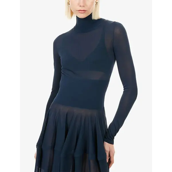 AlaA High-Neck Peplum Knit Midi Dress - Marine | Editorialist