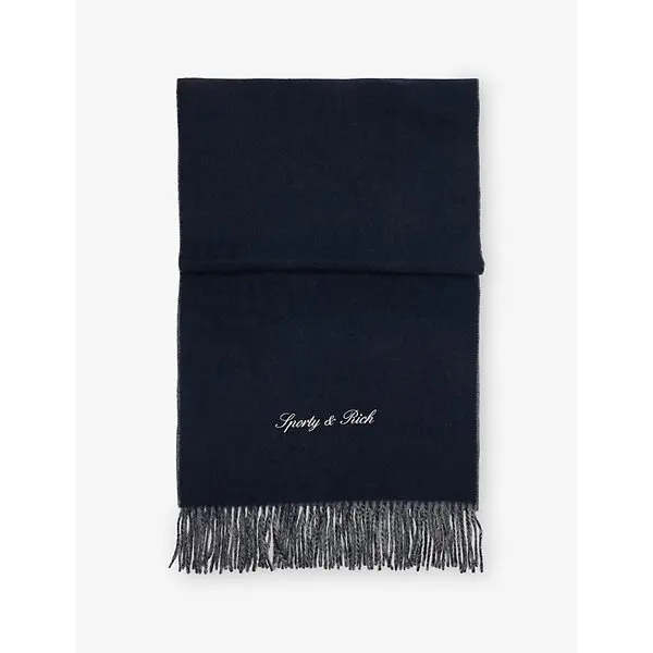 SPORTY & RICH Signature Logo-embroidered Wool Scarf - Light Gray/navy