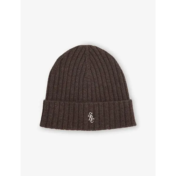 SPORTY & RICH Embroidered Logo Cashmere-blend Beanie - Toffee