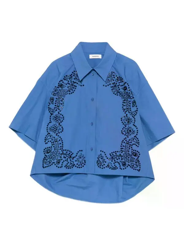 Sandro Embroidered And Beaded Oversized Cotton Blend Shirt