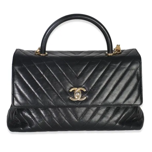 Chanel Chevron Aged Calfskin Coco Top Handle Bag - Black