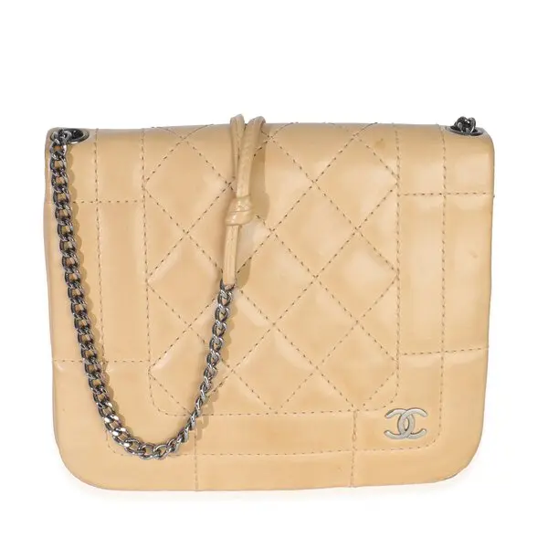 Chanel Vintage Quilted Lambskin Square Cc Flap Bag - Beige