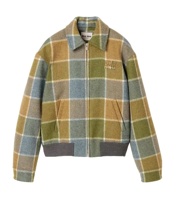 Miu Miu Wool Check Bomber Jacket - Brown