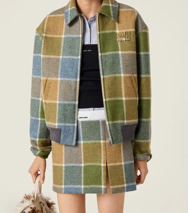 Miu Miu Wool Check Bomber Jacket - Brown