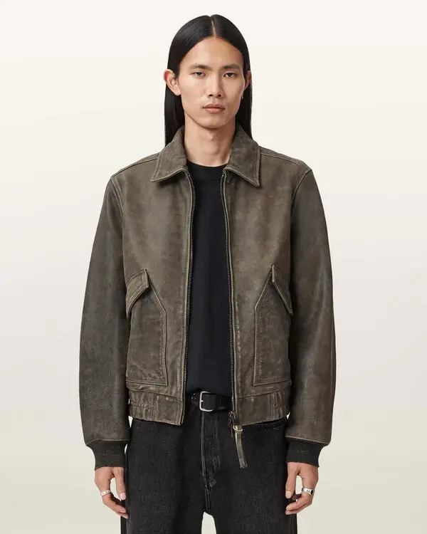 ALLSAINTS Marland Aviator Leather Jacket - Black Beige