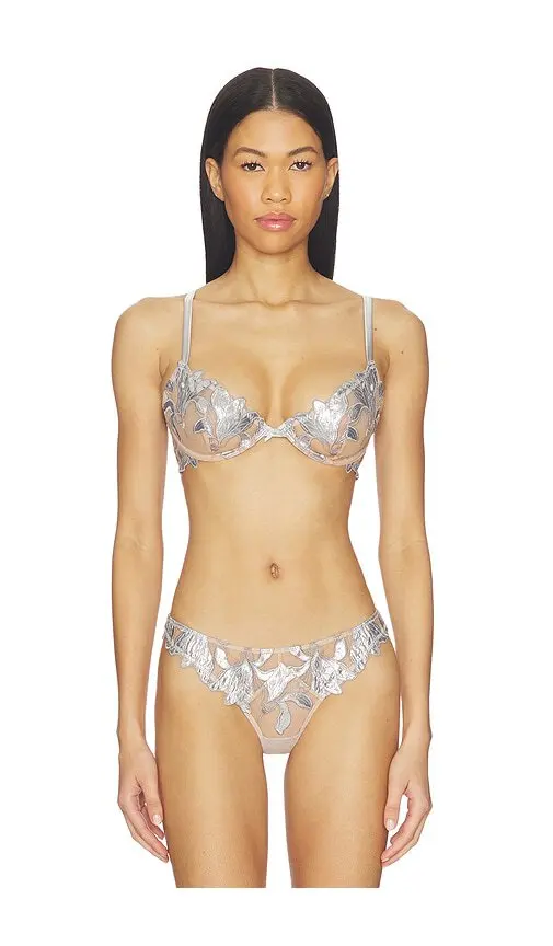 FLEUR DU MAL Foil Lily Embroidery Demi Bra In Metallic Silver - Platinum