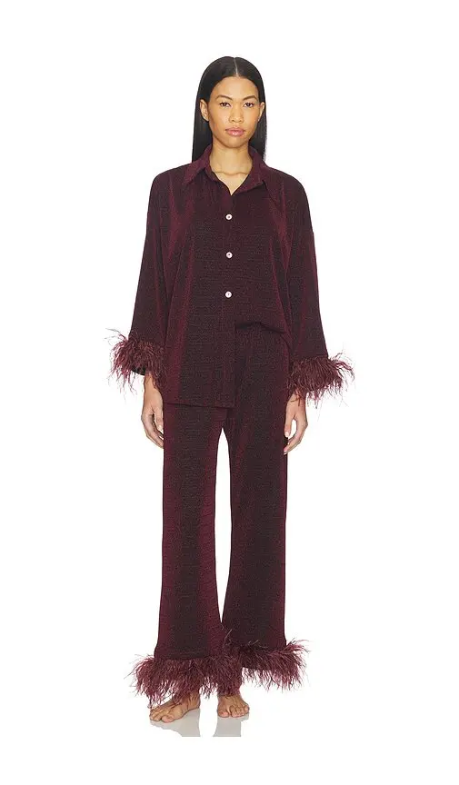Sleeper Cosmos Oversized Lurex Pajamas Set With Detachable Feathers In Wine - Burgundy