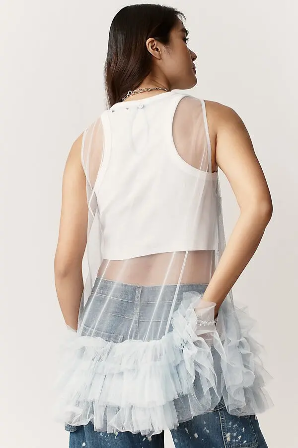 Anthropologie Sheer Tulle Ruffle Tunic Top