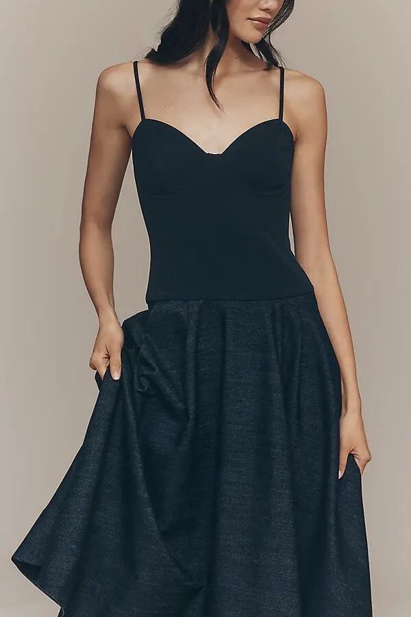 knee length dresses for ladies Washed Denim Stripe Tank Knit Midi Dress · Filly Flair