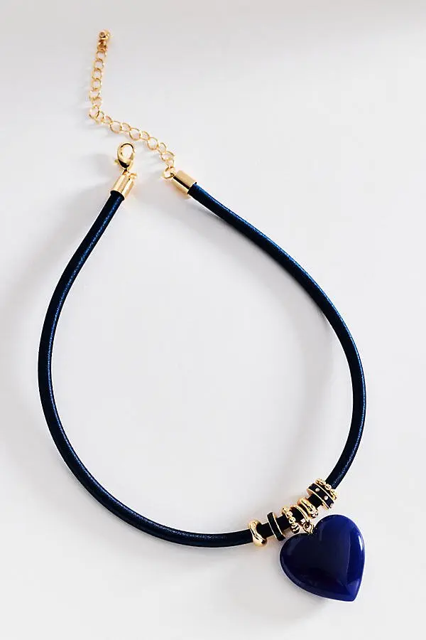 Anthropologie Stone Heart Pendant Corded Necklace - Navy