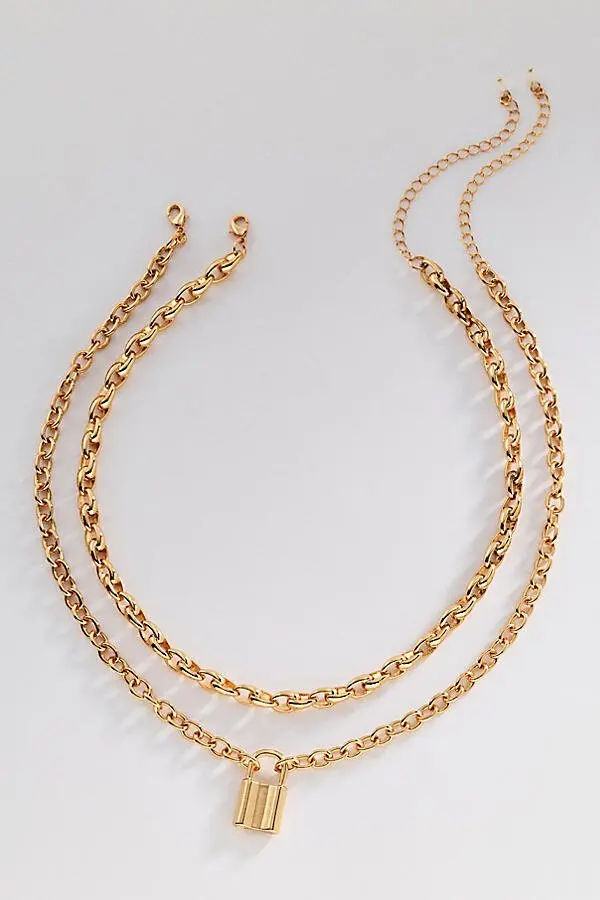 Anthropologie Layered Lock Chain Necklace - Gold