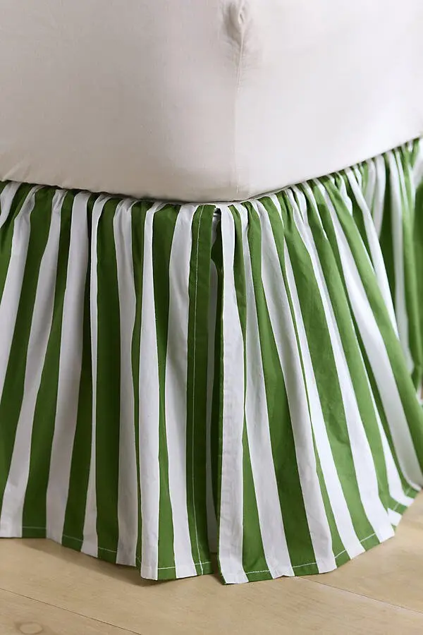 Anthropologie Maeve Cotton Striped Ruffle Printed Bed Skirt - Green