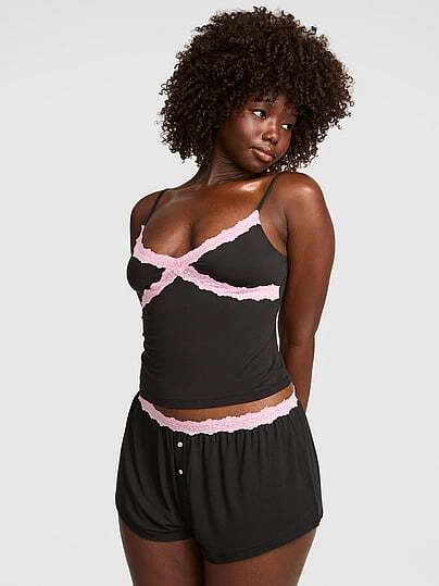 Pink Modal Lace-trim Micro Shorts - Black