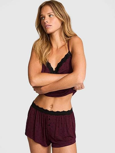 Pink 24/7 Lounge Modal Lace-trim Micro Shorts - Print