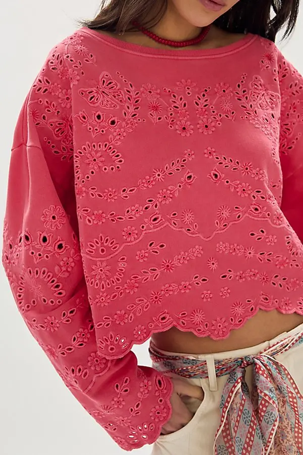 Free People Iris Embroidered Cropped Sweatshirt - Melon Pop