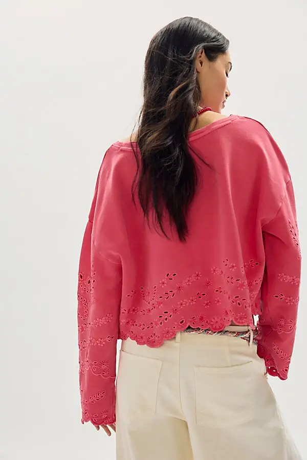 Free People Embroidered Sweatshirt With Eyelet Lace Detail - Melon Pop