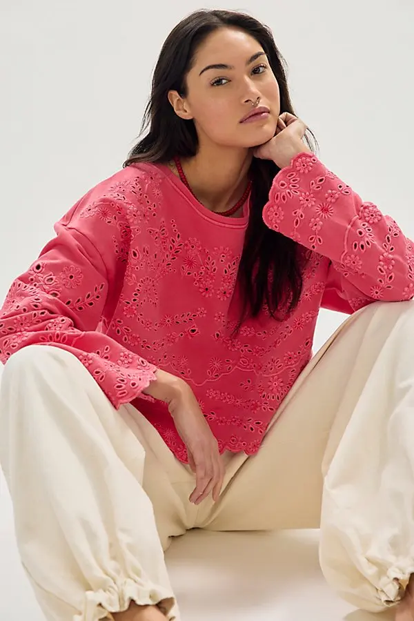 Free People Embroidered Sweatshirt With Eyelet Lace Detail - Melon Pop