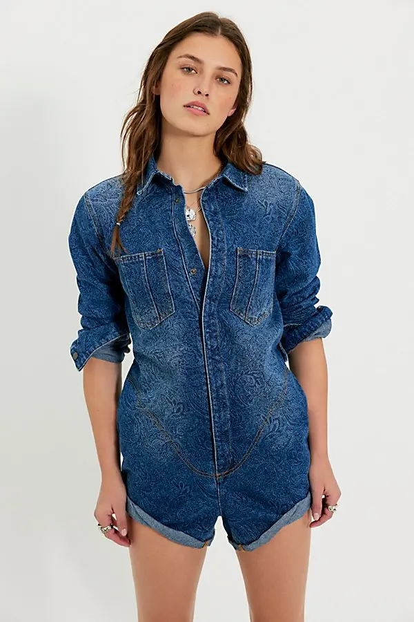 ONETEASPOON Prophecy Printed Denim Romper - Blue Paisley