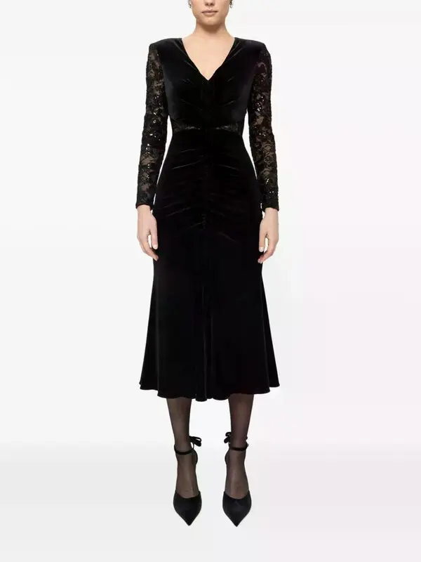 NISSA Lace Insert Velvet Midi Dress - Black