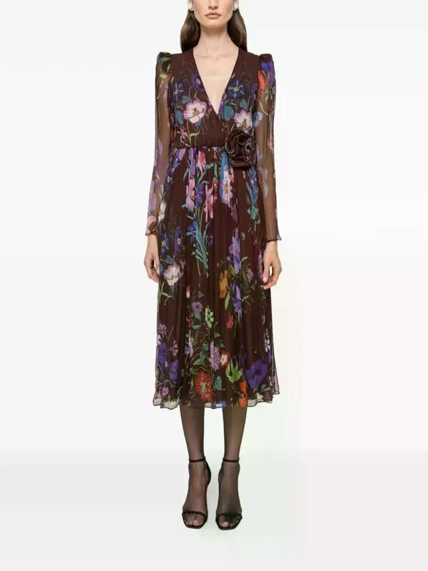 NISSA Floral-appliqué Silk Midi Dress