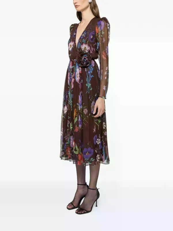 NISSA Floral-appliqué Silk Midi Dress