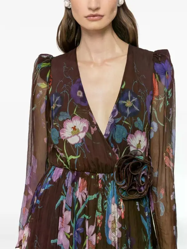 NISSA Floral-appliqué Silk Midi Dress
