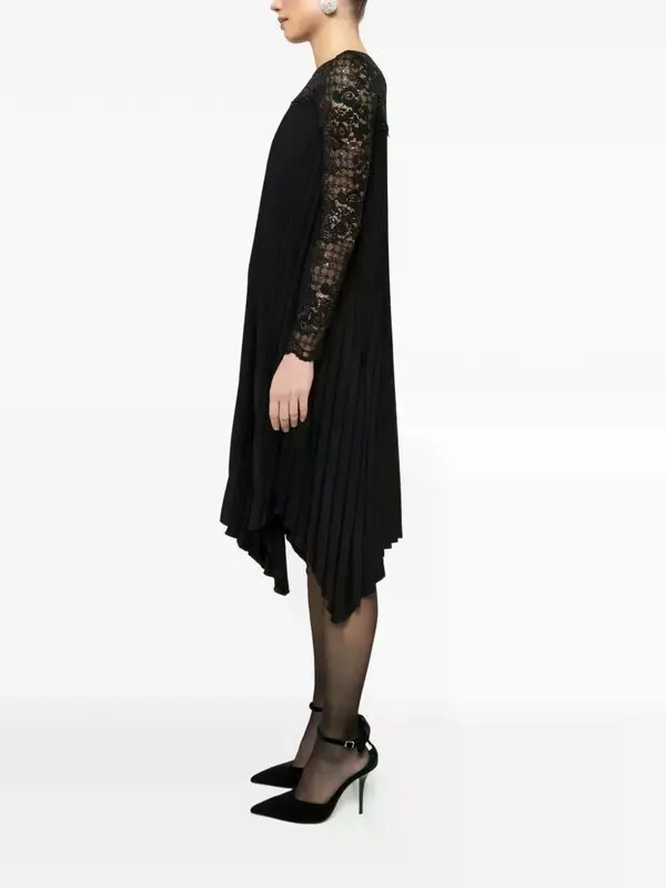 NISSA Pleated Lace Panel Midi Dress