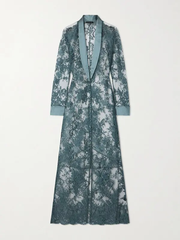 Kiki De Montparnasse Camille Silk Satin-trimmed Organic Cotton-blend Lace Robe - Blue