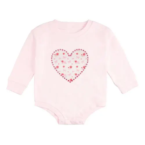 SWEET WINK Dainty Rose Pearl Heart Patch Long Sleeve Romper - Ballet Pink