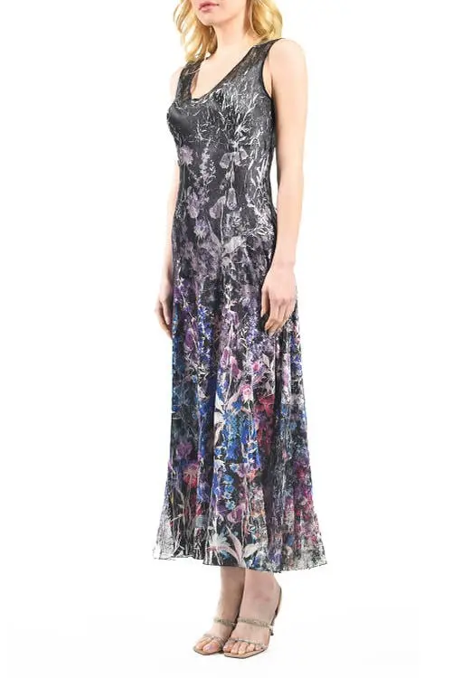 lace sequin dress Sleeveless Sequin Floral Lace Gown In Midnight Multi Nude main image 0
