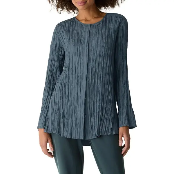 Eileen Fisher Crinkle Silk Button Down Top