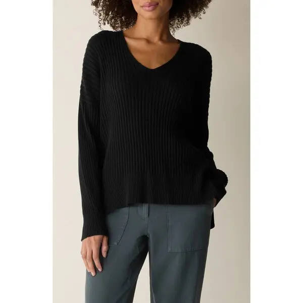 Eileen Fisher Cotton & Tencel™ Lyocell Ribbed V-neck Sweater