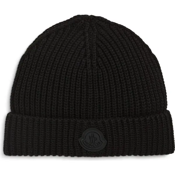 Moncler Logo Patch Ribbed Cotton Beanie - Black