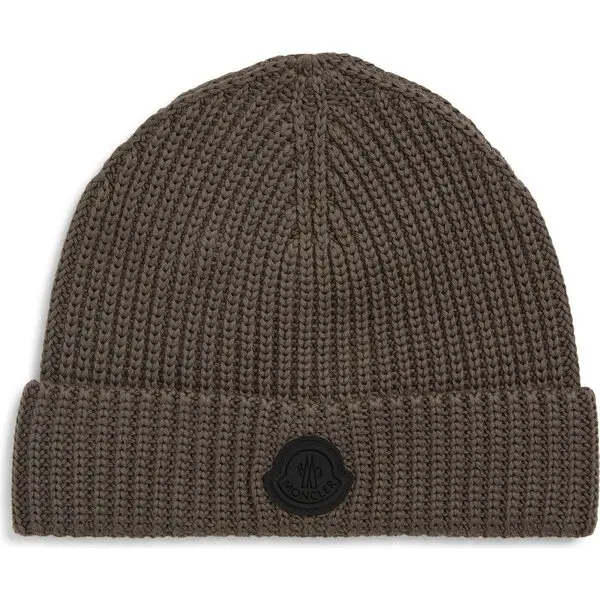 Moncler Logo Patch Ribbed Cotton Beanie - Peat