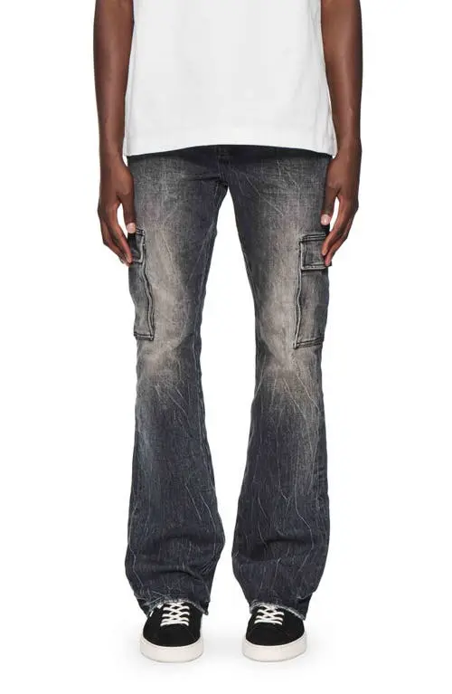 PURPLE BRAND Tinted Worn Flare Cargo Jeans - Black