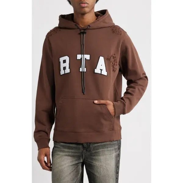 RtA Markus Collegiate Frayed Hoodie - Brown Collegiate