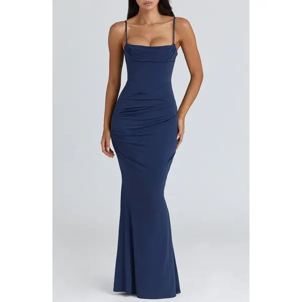 House Of Cb Milena Corset Trumpet Gown - Navy