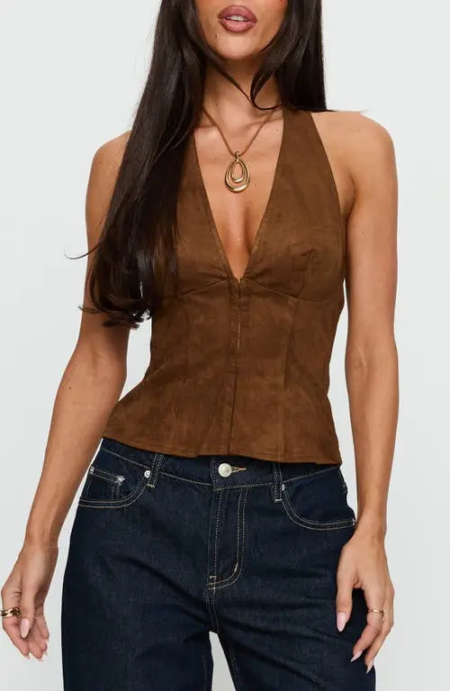 Princess Polly Dalyah Faux Suede Corset Halter Top - Brown