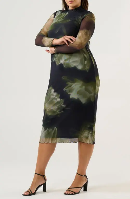 ESTELLE Floral Print Mesh Midi Dress - Black/moss