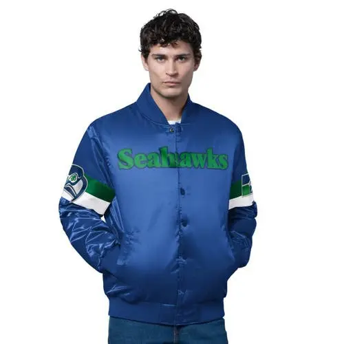 STARTER Seattle Seahawks Triple Option Satin Varsity Jacket - Royal