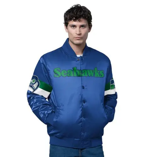 STARTER Seattle Seahawks Triple Option Satin Varsity Jacket - Royal